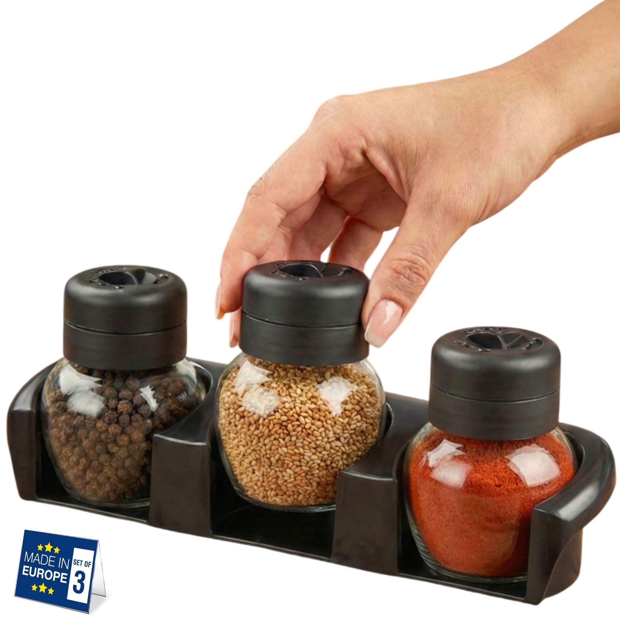 3-Pack Glass Seasoning Shakers with Rack, 7.1 oz Spice Jars – HesTrade